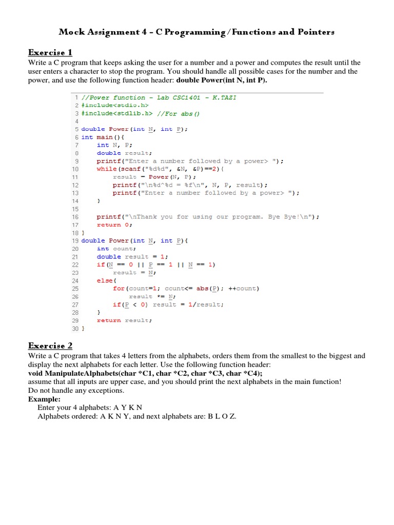 Mock Assignment 4 - C Programming/Functions and Pointers Exercise 1 | PDF