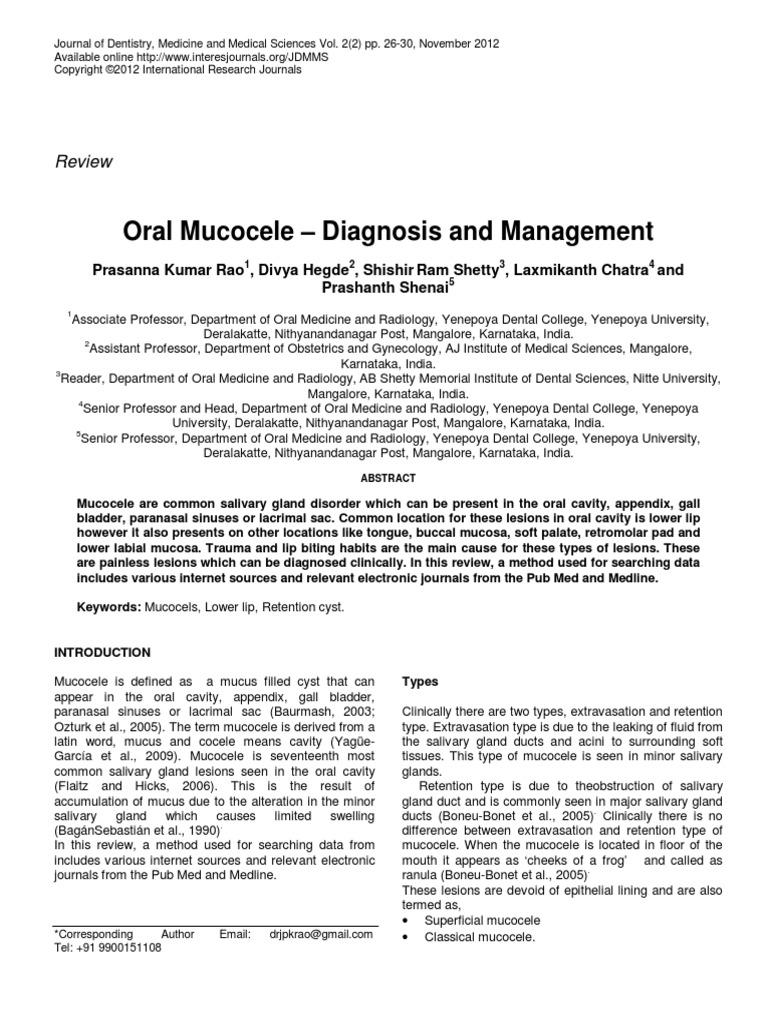 Oral Mucocele Diagnosis and Management PDF | PDF | Epithelium | Mouth