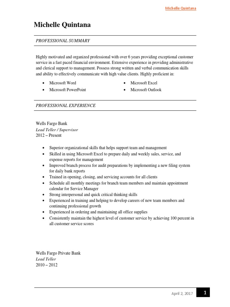 Michelle Quintana Resume Working | PDF | Wells Fargo | Banks