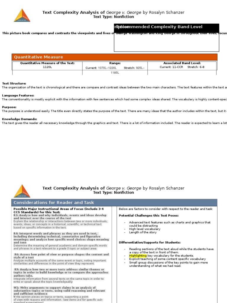 Text Complexity Analysis of George v. George by Rosalyn Schanzer | PDF ...