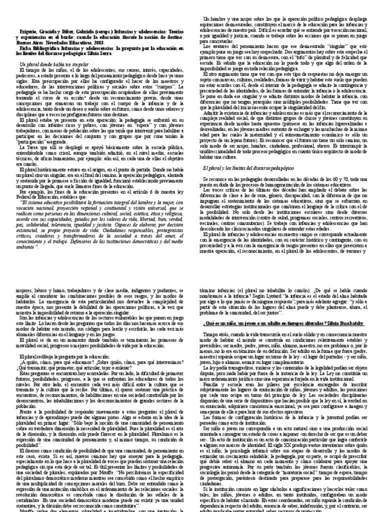 Frigerio Diker Infacias y Adolescencia Posta | PDF | Exclusión social | Aprendizaje