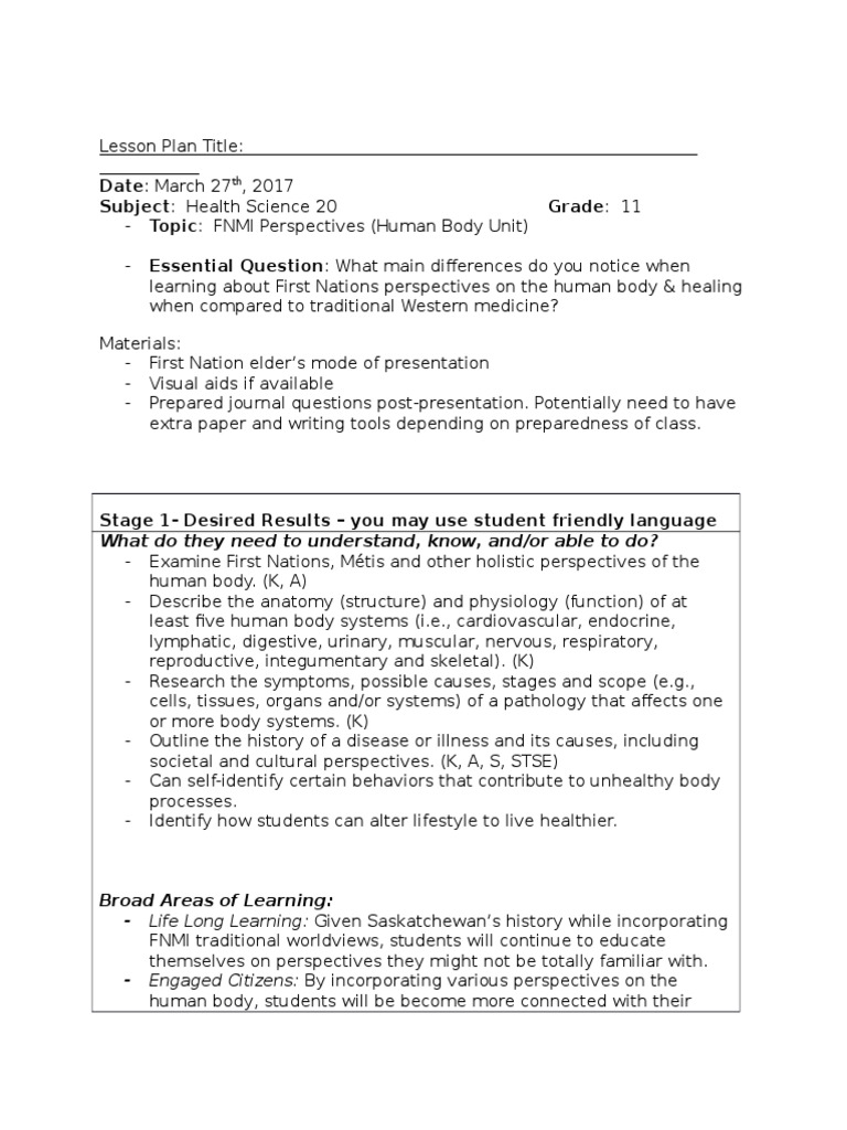 Date: March 27 Subject: Health Science 20 Grade: 11: What Do They Need ...
