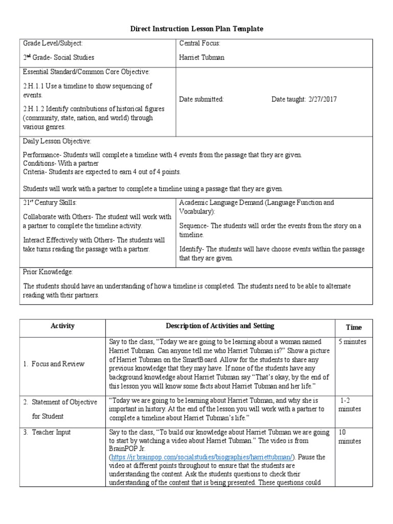Lesson Plan - Direct Instruction | PDF | Harriet Tubman | Lesson Plan