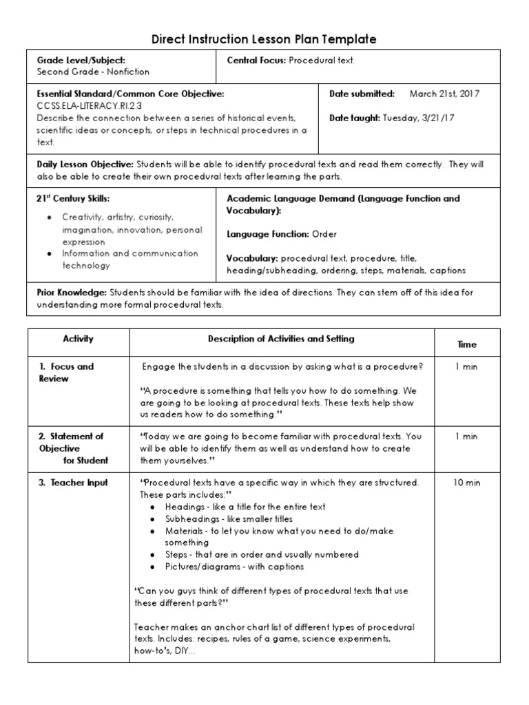 Direct Instruction Lesson Plan Template | PDF | Lesson Plan | Semiotics