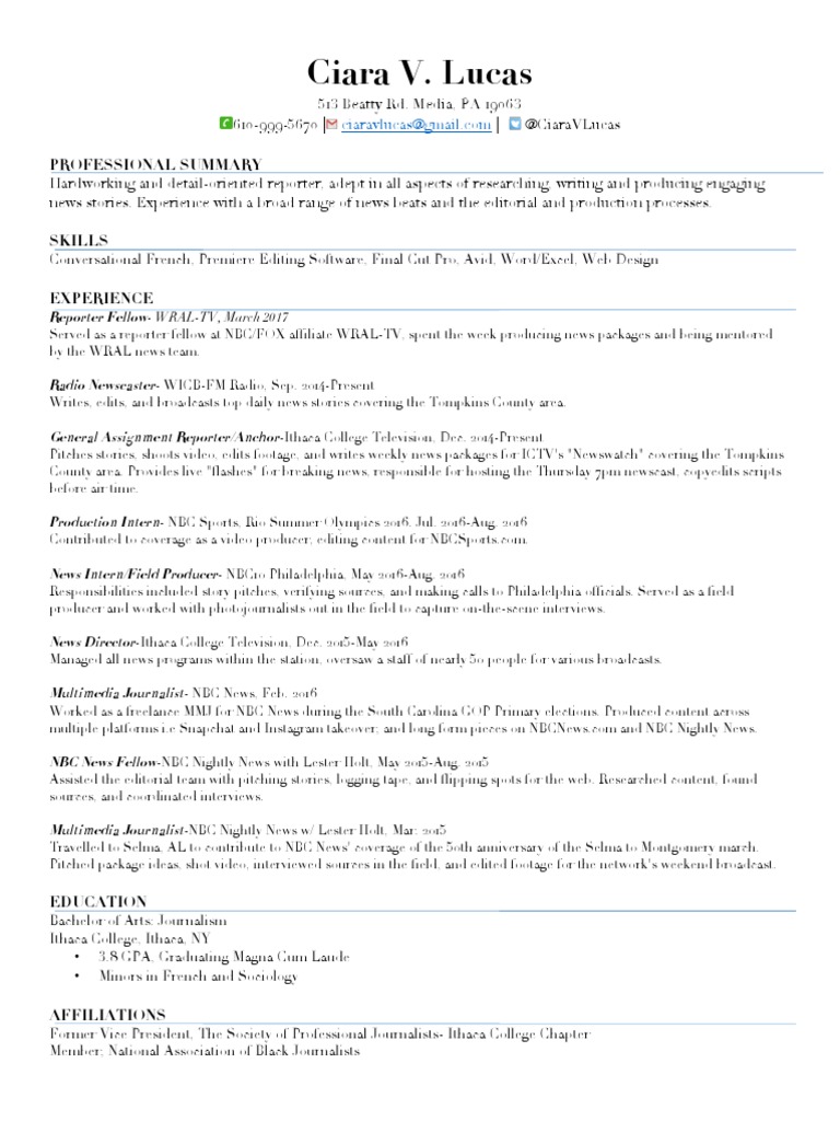 Ciara V. Lucas Resume | PDF | Nbc | News Broadcasting