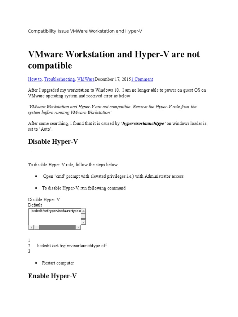 Compatibility Issue VMWare Workstation and Hyper | PDF