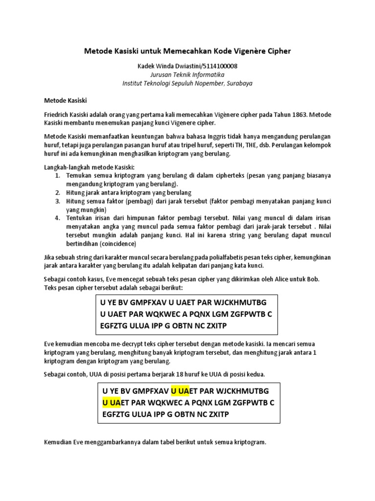 Metode Kasiski Untuk Memecahkan Kode Vigenère Cipher - KIJ | PDF