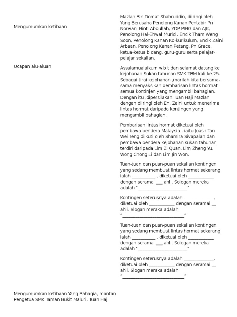 SMK TBM Hari Sukan MC | PDF