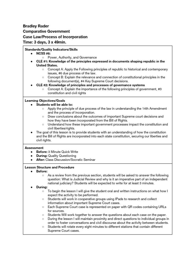 Caselawlessonplan | PDF | Incorporation Of The Bill Of Rights ...