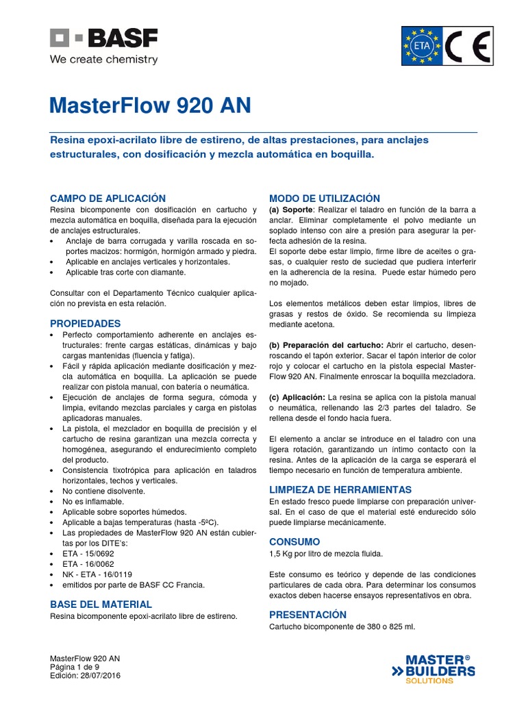 Basf Masterflow 920 An | PDF | Química | Materiales