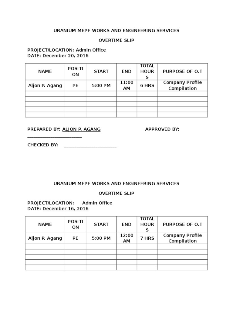 Overtime Slip - Remian Hotel | PDF