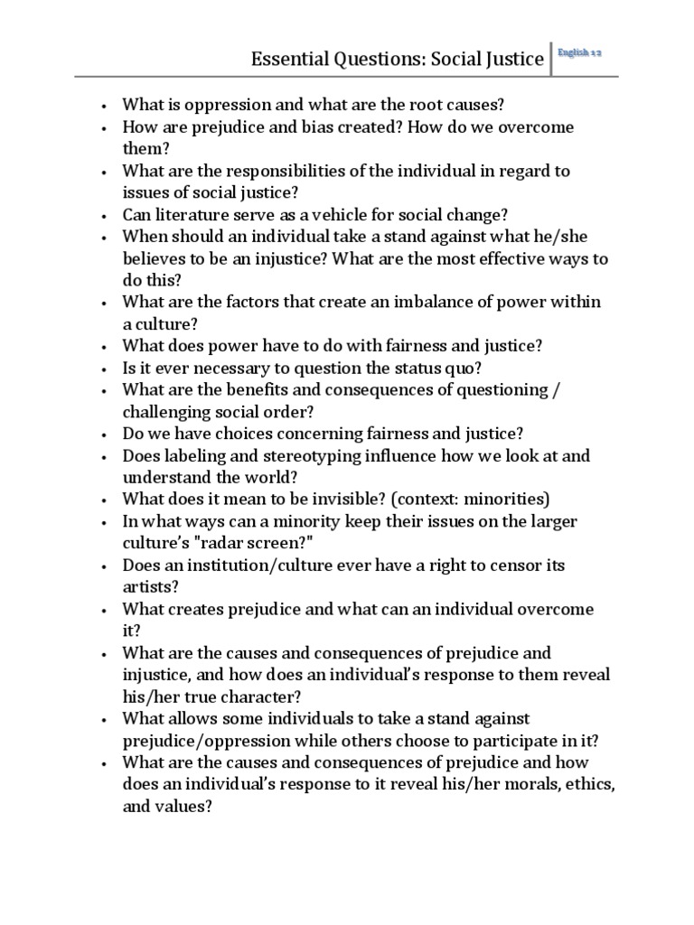 Essential Questions on Social Justice | PDF | Social Science | Science ...