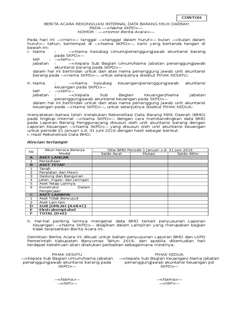 Berita Acara Rekonsiliasi Internal Data Barang Milik Daerah | PDF