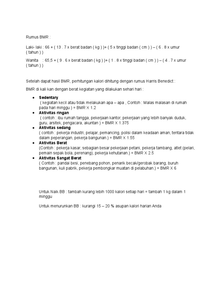Rumus BMR Harris Benedict untuk Kalori | PDF