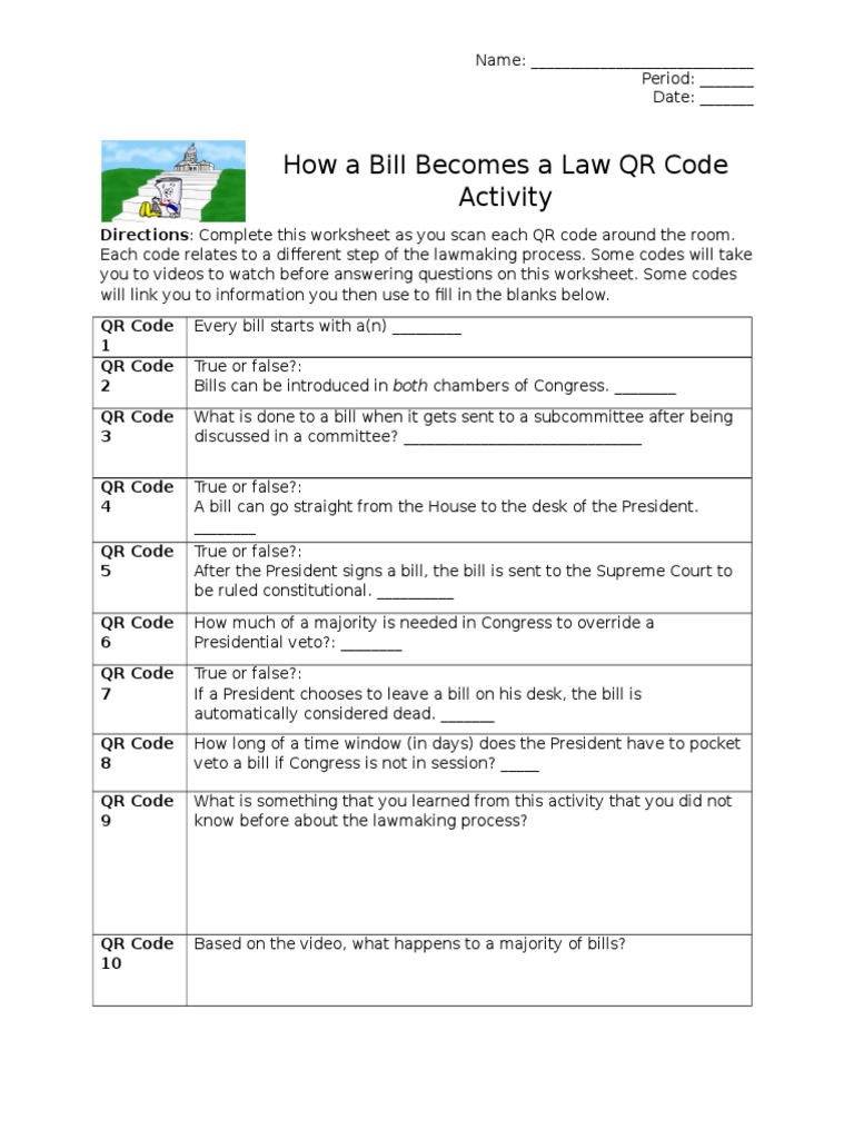 How A Bill Becomes A Law Scavenger Hunt Worksheet | PDF