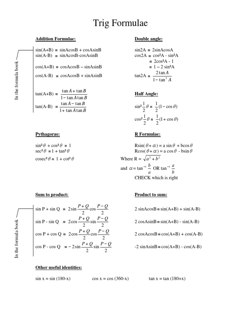 Trig Formulae: Addition Formulae: Double Angle | PDF | Trigonometric ...