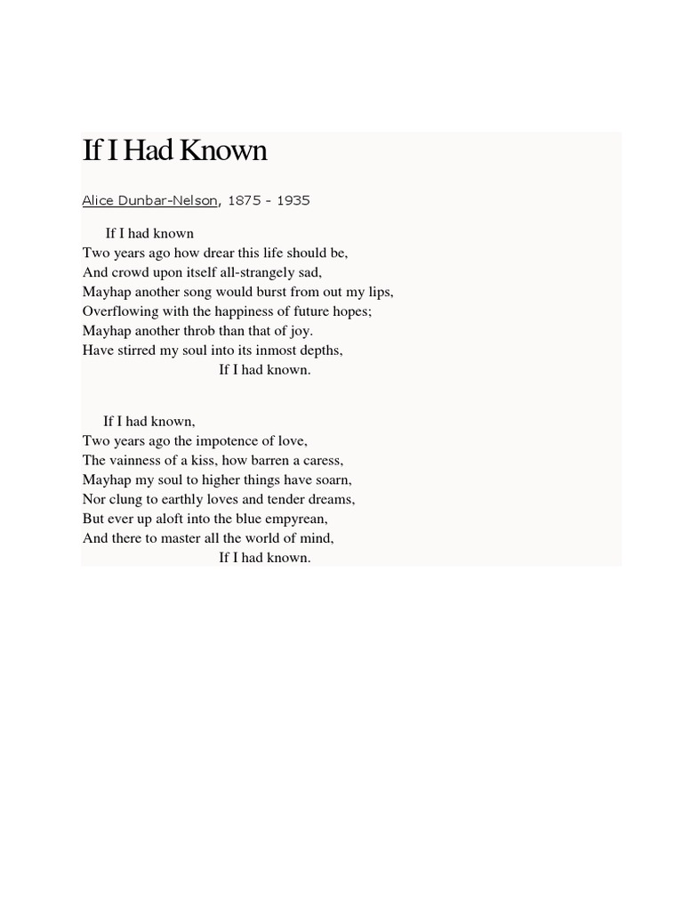 If I Had Known: Alice Dunbar-Nelson, 1875 - 1935 | PDF