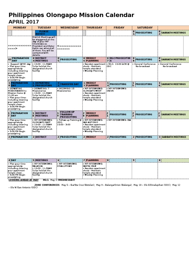 Philippines Olongapo Mission Calendar: APRIL 2017 | PDF | Missionary ...