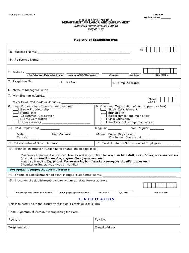 Application Fro Registration Re-Registration Form (DOLE BWC OSHD IP-3 ...