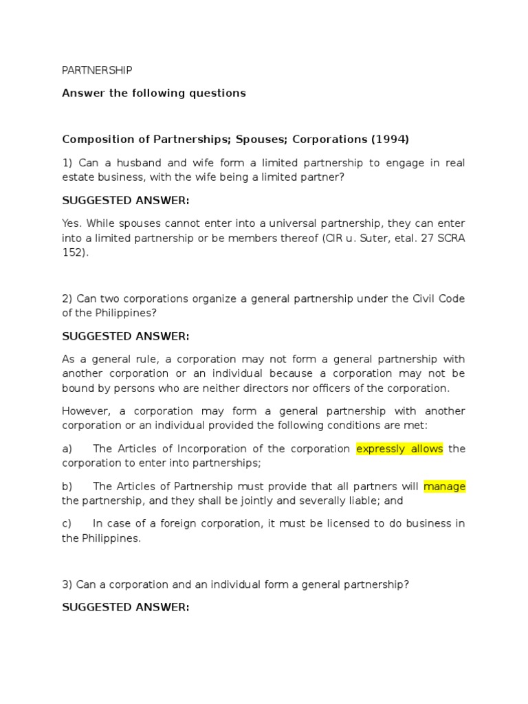 Partnership-Bar-Questions and Answers 092596 | PDF | General ...
