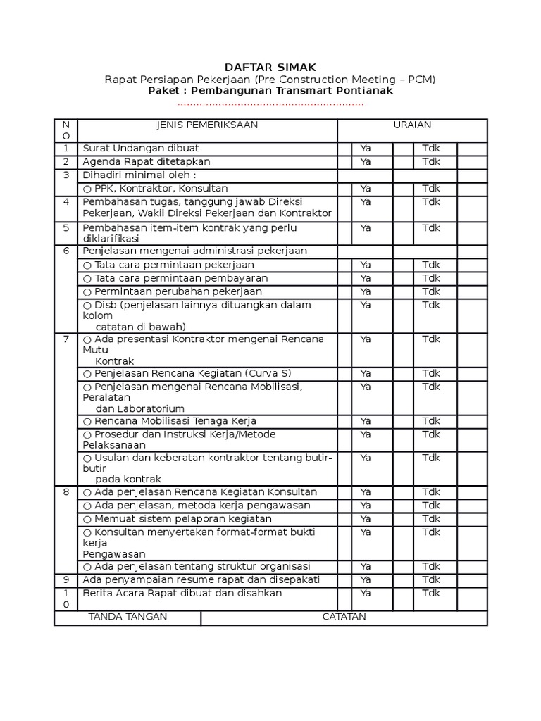 Daftar Simak PRE CONSTRUCTION MEETING | PDF