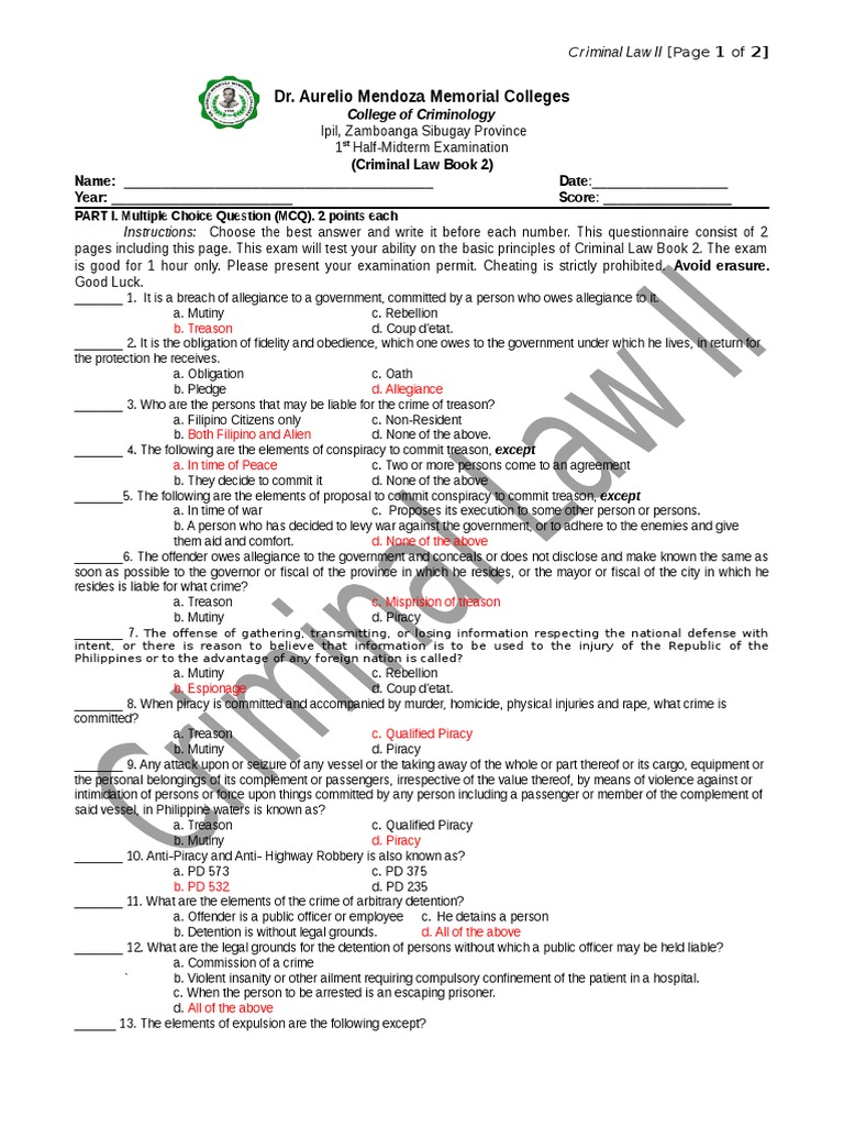 1st Half Midterm Criminal Law 2 | PDF | Treason | Allegiance