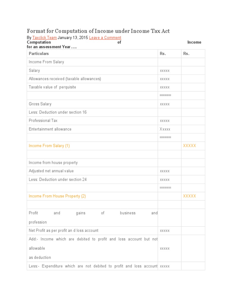 Format For Computation of Income Under Income Tax Act | PDF | Income ...