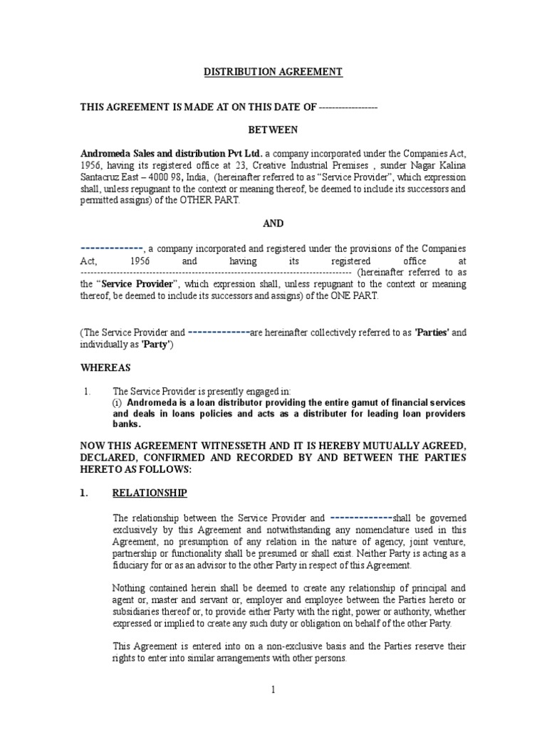 Distribution Agreement Between Andromeda Sales and Distribution Pvt Ltd ...