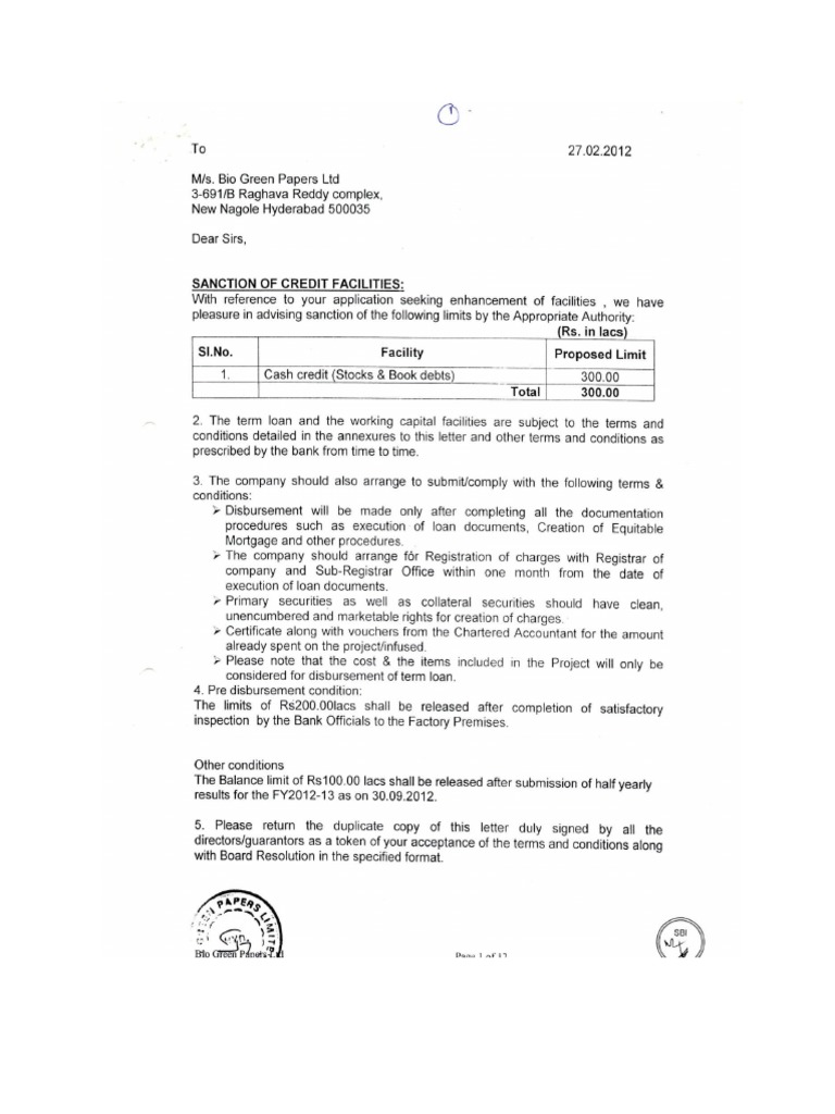 Sbi Sanction Letter | PDF