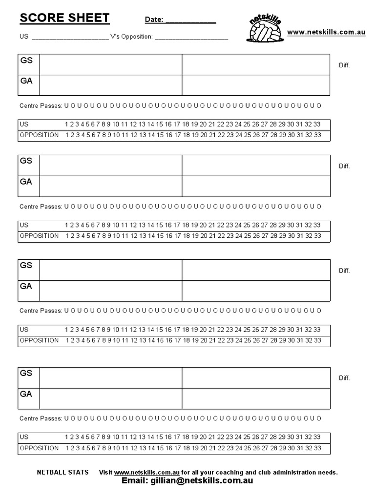 Simple Netball Score Sheet Template | PDF