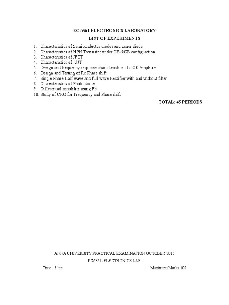 Ec 6361 Electronics Laboratory | PDF | Rectifier | Diode