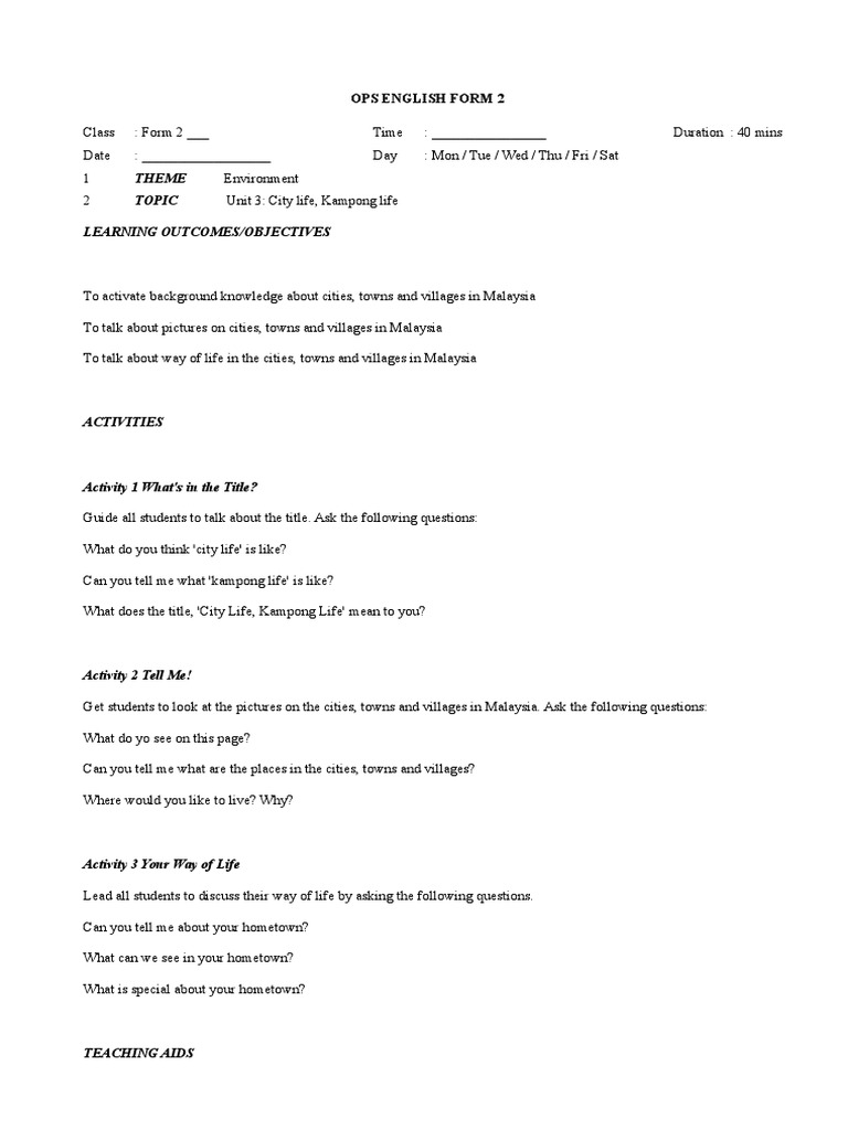 Ops English Form 2-Lesson Plan-Unit3 | PDF