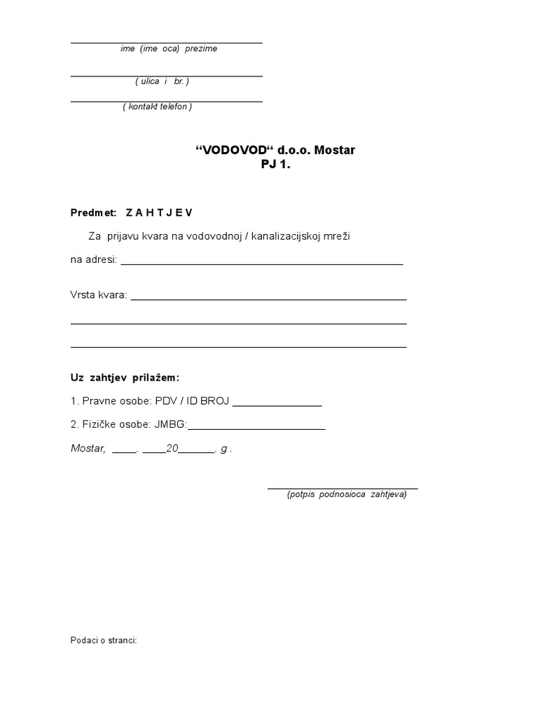 Obrazac Za Prijavu Kvara | PDF