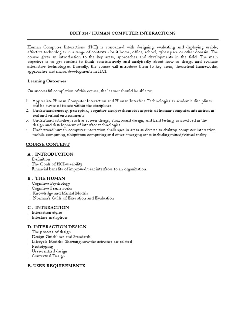 BBIT 314 Course Outline: HCI | PDF | Human–Computer Interaction | Design