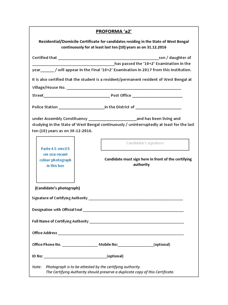 Domicile Certificate Proforma A2 WB 2025 | PDF