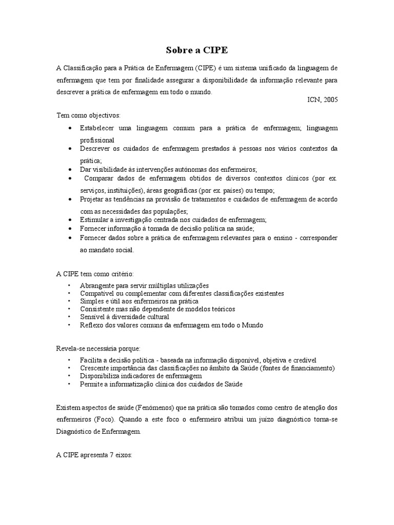 Sobre A CIPE | PDF | Enfermagem | Bem-estar
