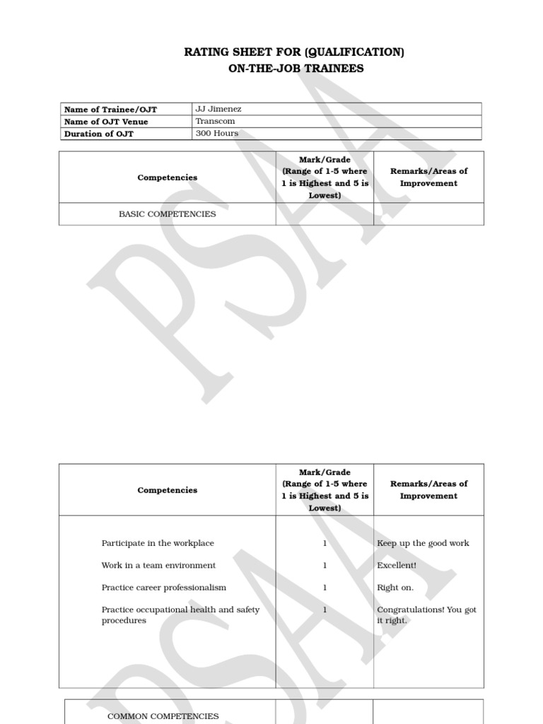 Rating Sheet For (Qualification) On-The-Job Trainees: JJ Jimenez ...