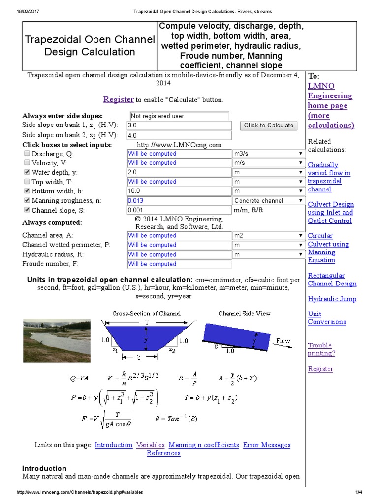 Trapezoidal Open Channel Design Calculations | PDF | Equations ...