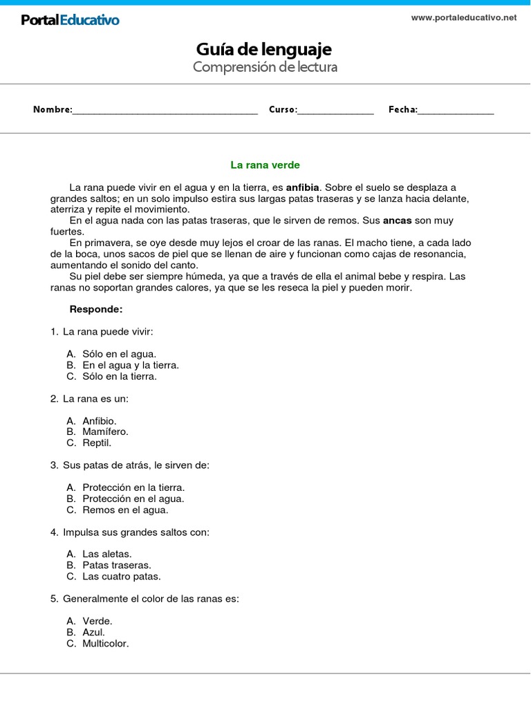 Comprension de Lectura La Rana Verde | PDF | Estudios de idiomas ...