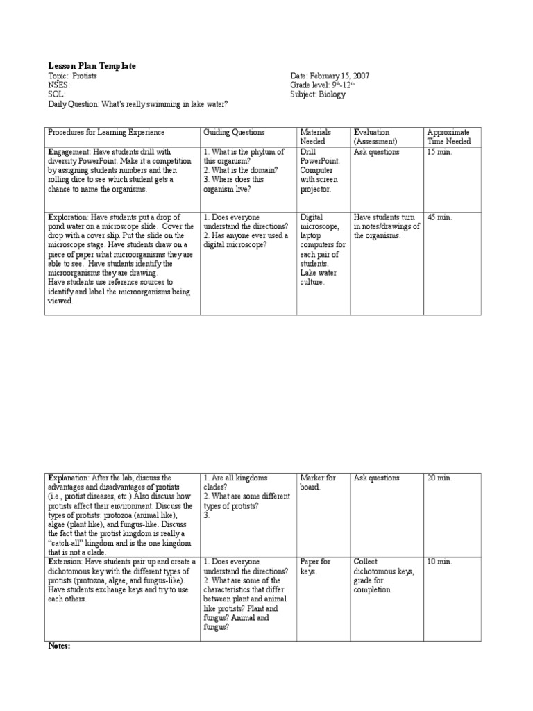 Protist Lesson Plan | PDF | Lesson Plan | Microorganism