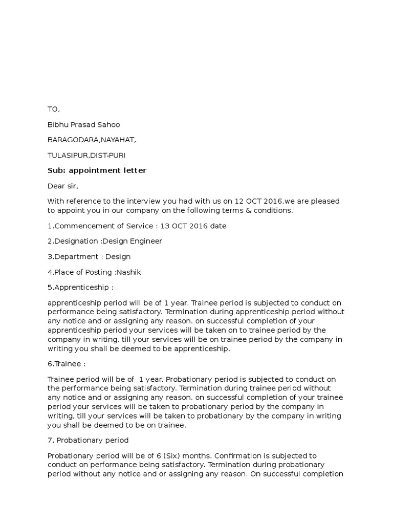 Appointment Letter. | Employment | Salary