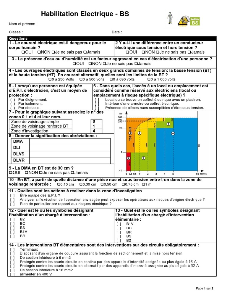 Habilitation Électrique BS : Questionnaire | PDF | Tension électrique ...