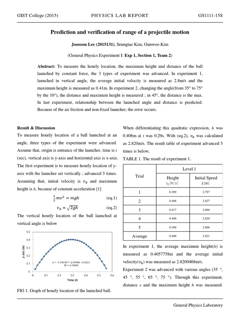 Prediction and Verification of Range of A Projectile Motion: GIST College (2015) Phys Ics Lab R ...