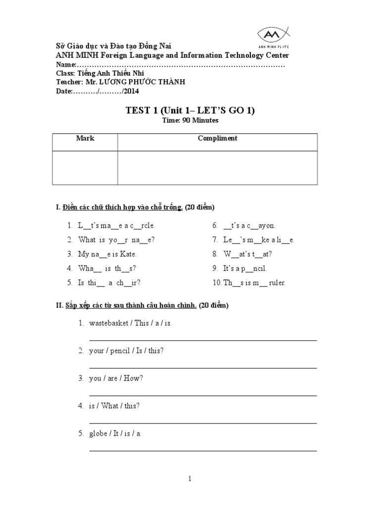 Test 1 - Unit 1 - Let's Go 1