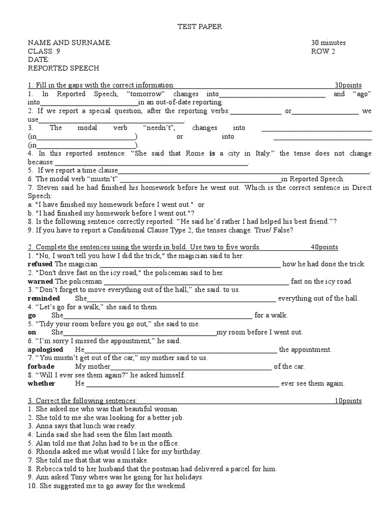 Test Reported Speech 9 2 | PDF | Sentence (Linguistics) | Style (Fiction)