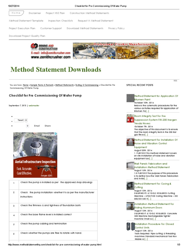 Checklist For Pre Commissioning of Water Pump PDF | Pipe (Fluid ...