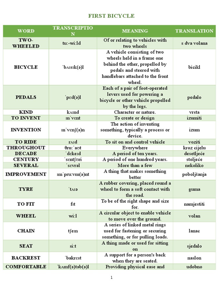 First Bicycle: Word Transcriptio N Meaning Translation | PDF | Road ...