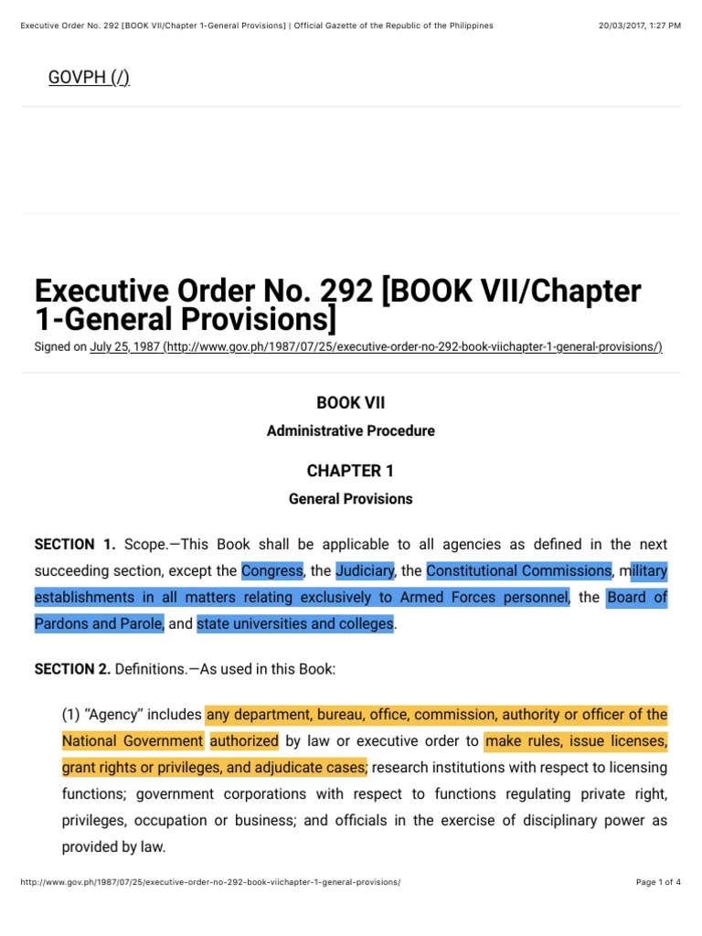 Executive Order 292: General Provisions | PDF