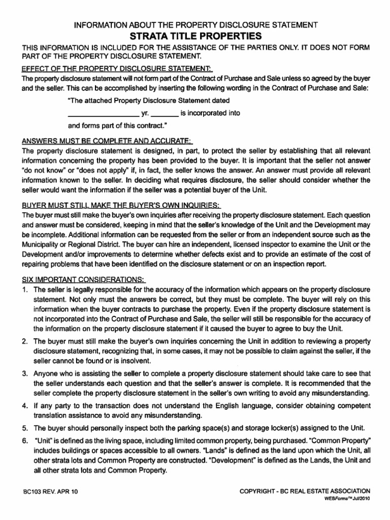 British Columbia Property Condition Disclosure Statement Strata Title ...