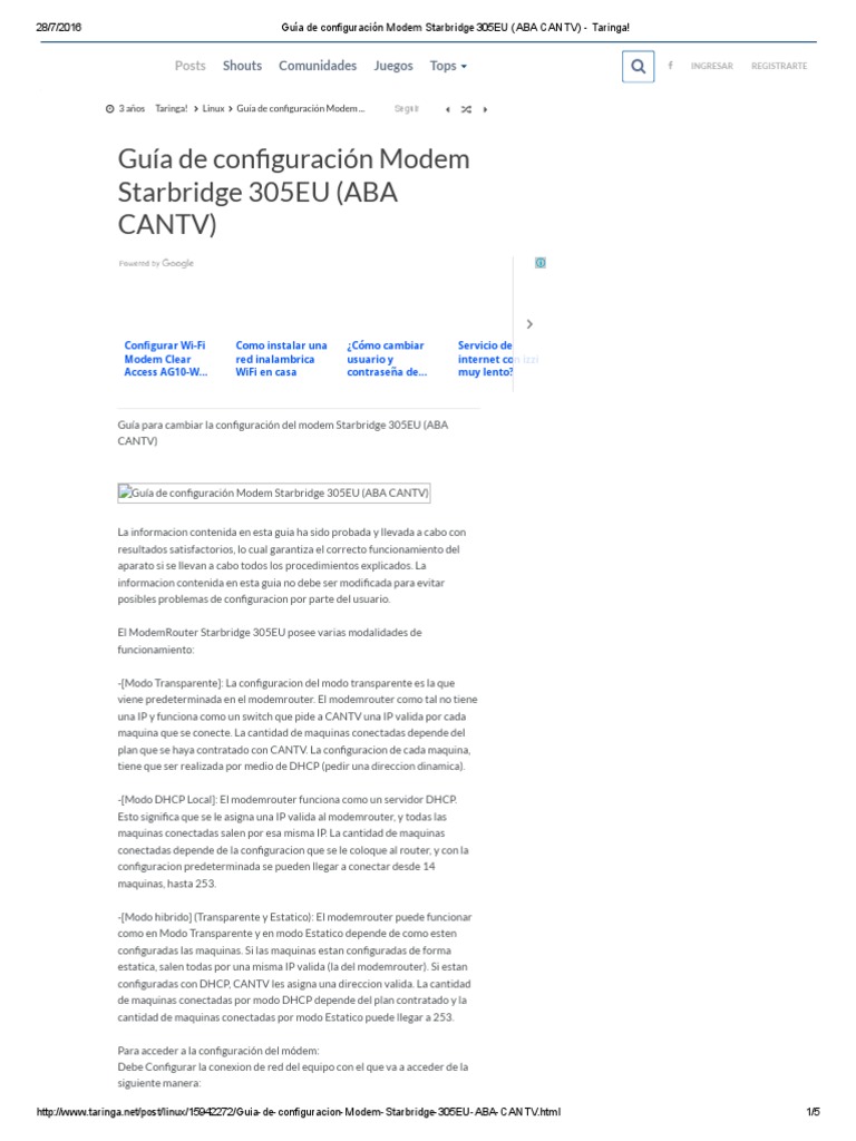 Configuración Modem Starbridge 305EU | PDF | Dirección IP | Edad de ...